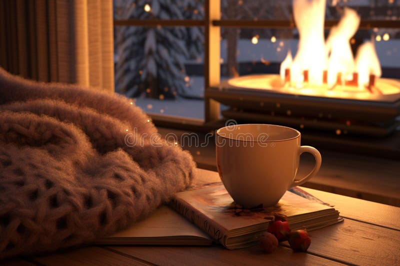 Cozy Winter Scene with a Warm Blanket a Cup of Stock Illustration ...