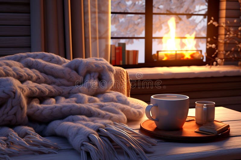 Cozy Winter Scene with a Warm Blanket a Cup of Stock Illustration ...