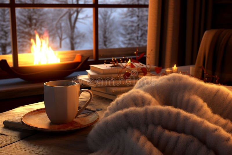 Cozy Winter Scene with a Warm Blanket a Cup of Stock Illustration ...