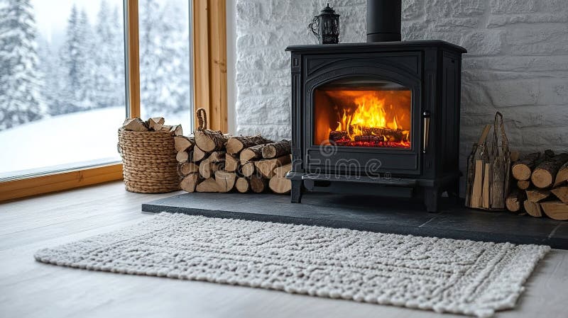 Cozy Winter Scene with Wood-burning Stove Stock Illustration ...