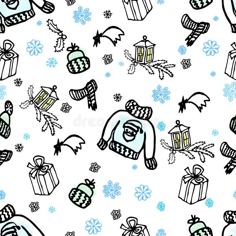 Cozy Winter Seamless Pattern with Doodle Hand Drawn Elements of Gift ...
