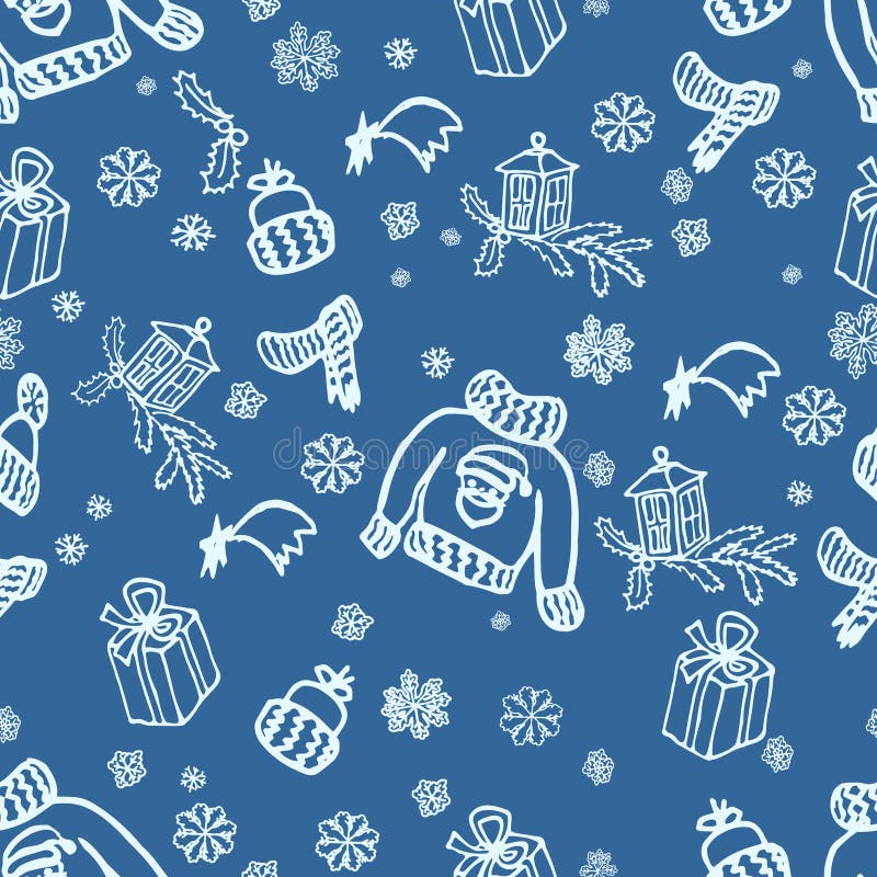 Cozy Winter Seamless Pattern with Doodle Hand Drawn Elements of Gift ...