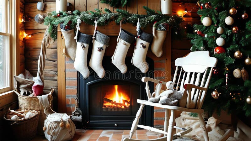 Cozy Winter Setting with Stockings by the Fireplace and Decorated ...