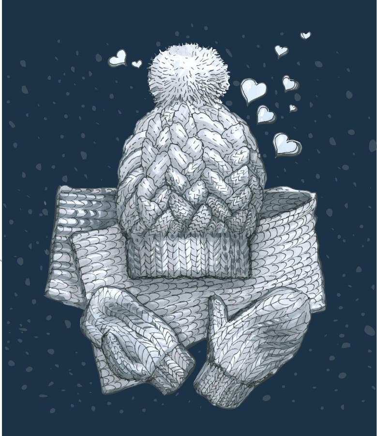 Cozy Winter Sketch with a Scarf, Mittens and a Hat with a Pompon Stock ...