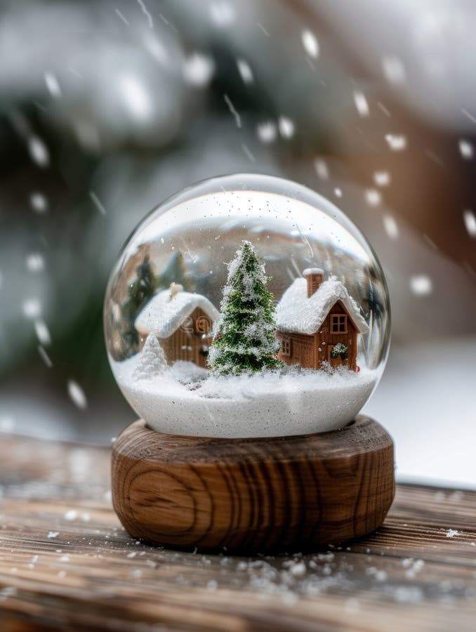 Cozy Winter Snow Globe with Miniature Houses and Christmas Tree Stock ...