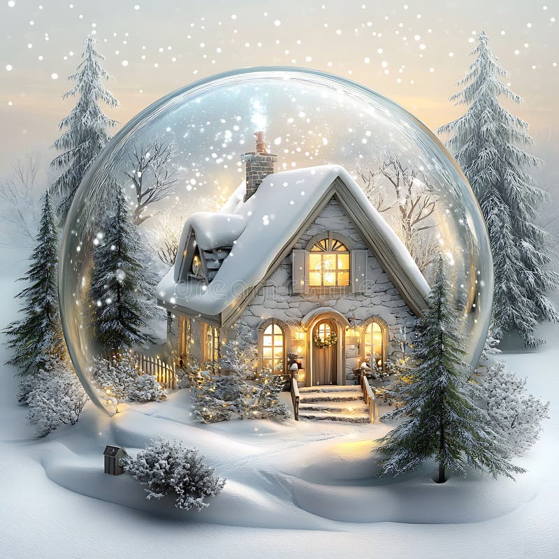 Cozy Winter Snow Globe Scene with Charming House and Snowy Trees Stock ...