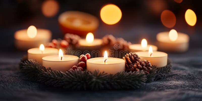 A Cozy Winter Solstice Setup Features Lit Candles and an Evergreen Wreath Symbolizing Life and ...