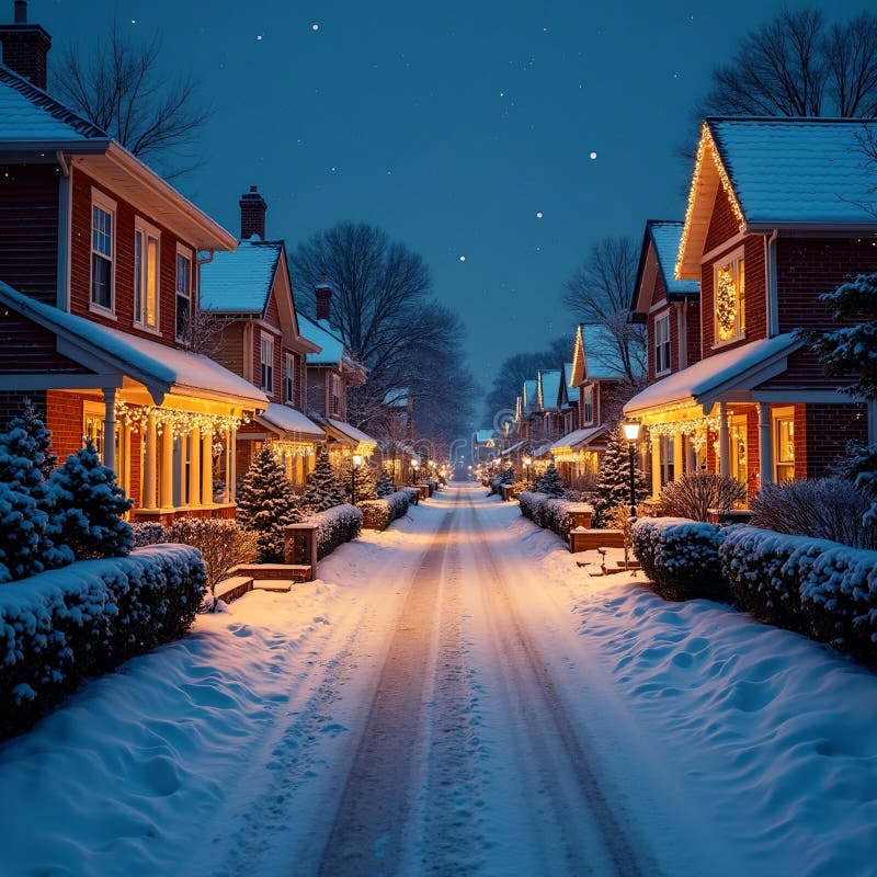 Cozy Winter Street with Festive Lights and Falling Snow Stock ...