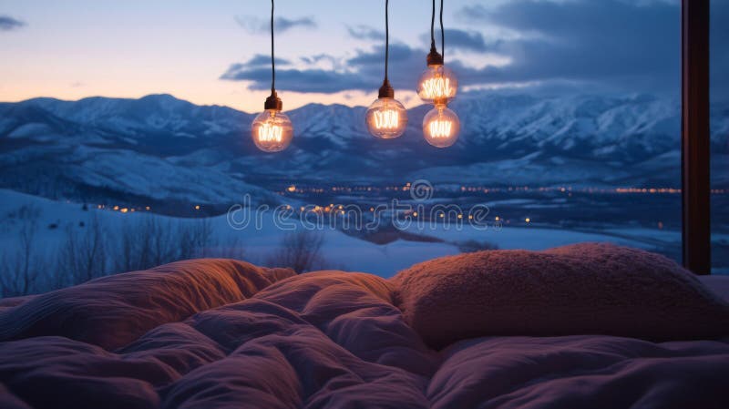 Cozy Winter Sunset Landscape with Glowing Lights Stock Illustration ...