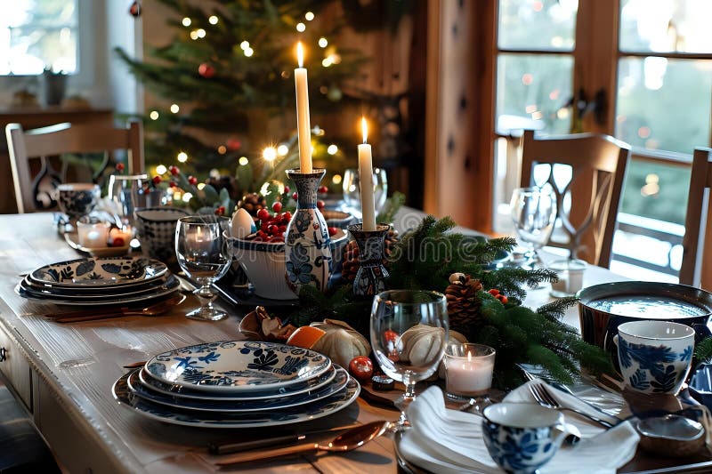 Cozy Winter Table Setting with Candles and Greenery Stock Illustration ... Cozy Winter Table Setting with Candles and Greenery Stock Illustration ...