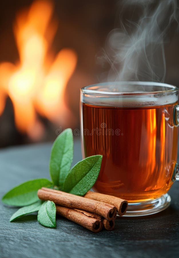 Cozy Winter Tea with Cinnamon Sticks and Sage Leaves Stock Illustration ...
