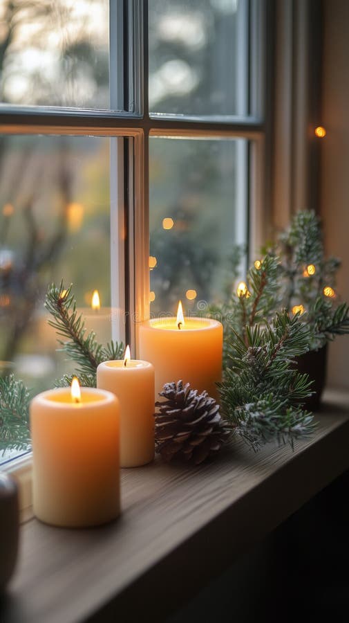 Cozy Winter Window Decor with Candles and Pine in Warm Evening Light ...