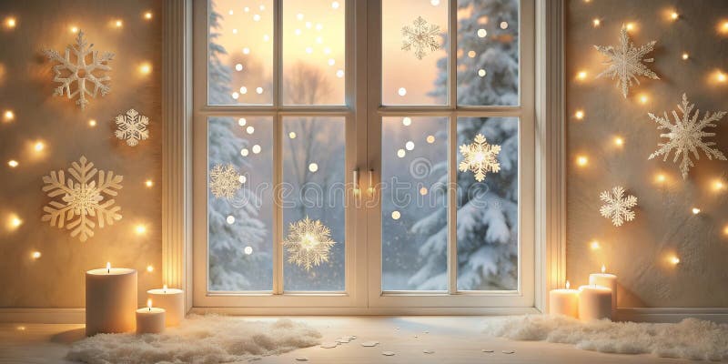 Cozy Winter Window Scene with Candles and Snowflake Decorations ...
