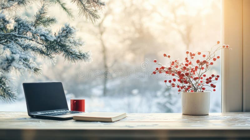 Cozy Winter Workspace with Laptop Notebook and Decorative Plant Stock ...