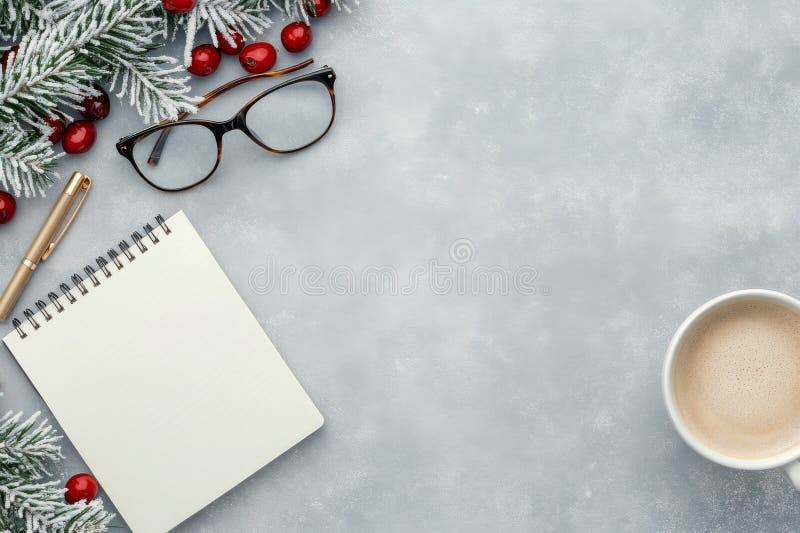 Cozy Winter Workspace with Notepad, Glasses, and Hot Drink Surrounded ...