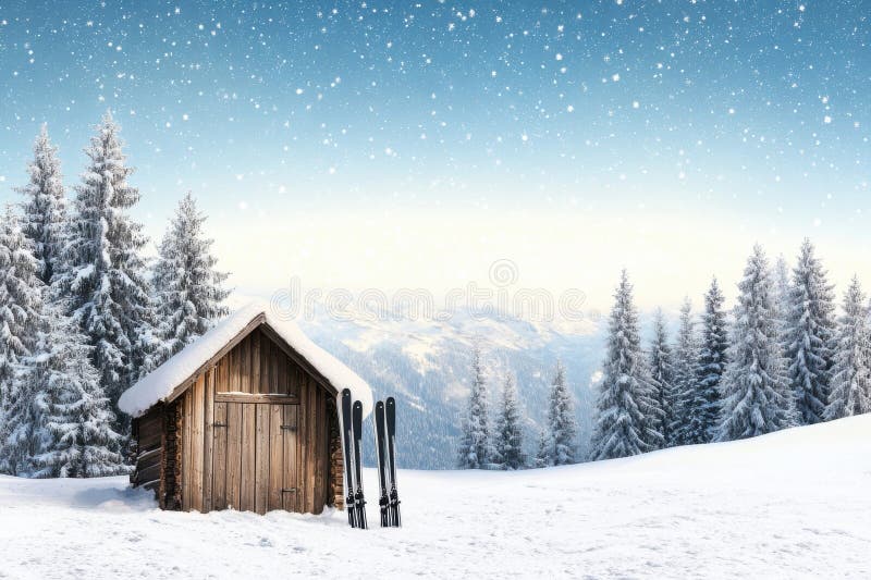 Rustic Wooden Cabin in a Serene Winter Landscape with Snow-covered Pine ...