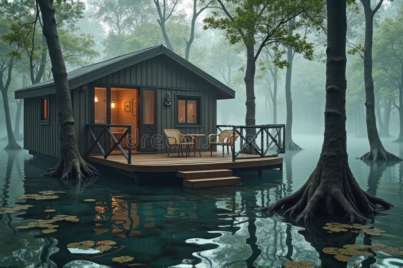 Cozy Wooden Cabin on Stilts Surrounded by Misty Forest and Calm Water ...