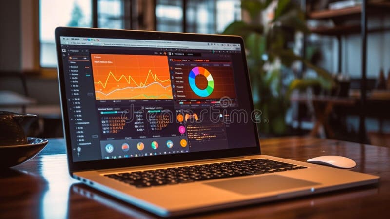 Laptop with Stats on Wooden Cafe Table Stock Illustration ...