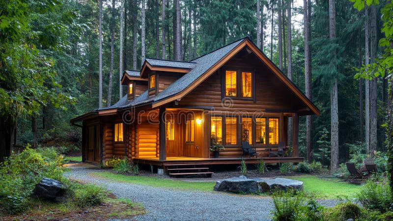 Cozy Wooden Home Surrounded by Tall Trees in the Woods. Stock Photo ...