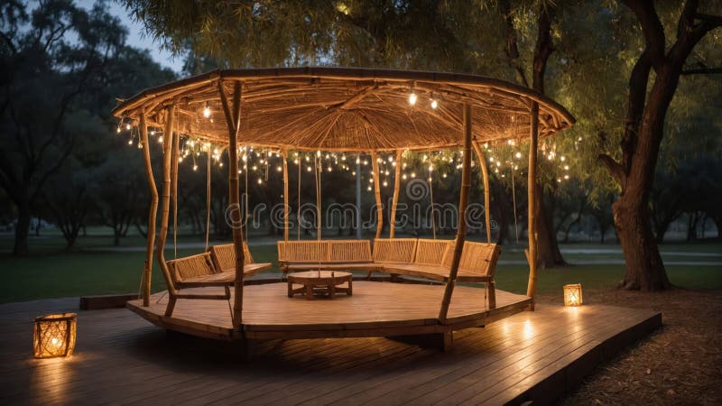 Romantic Bamboo Gazebo with String Lights at Night Stock Illustration ...