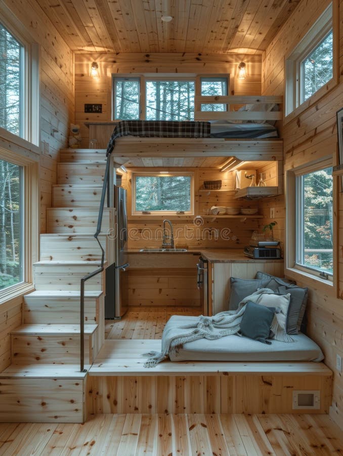 Cozy Wooden Tiny House Interior with Loft Bed in Forest Setting Stock ...