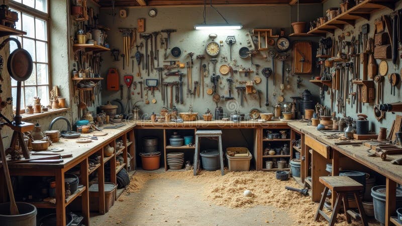 Cozy Woodworking Workshop Interior Full of Tools and Sawdust Stock Photo - Image of chisels ...