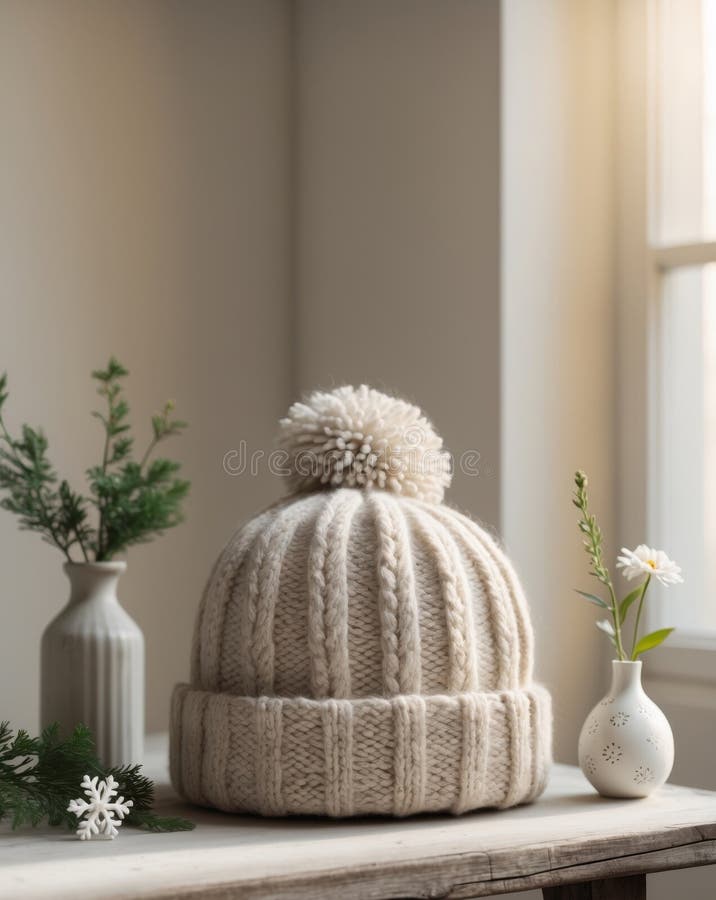 Cozy Wool Hat with Cheerful Decor in Natural Light. Stock Image - Image ...