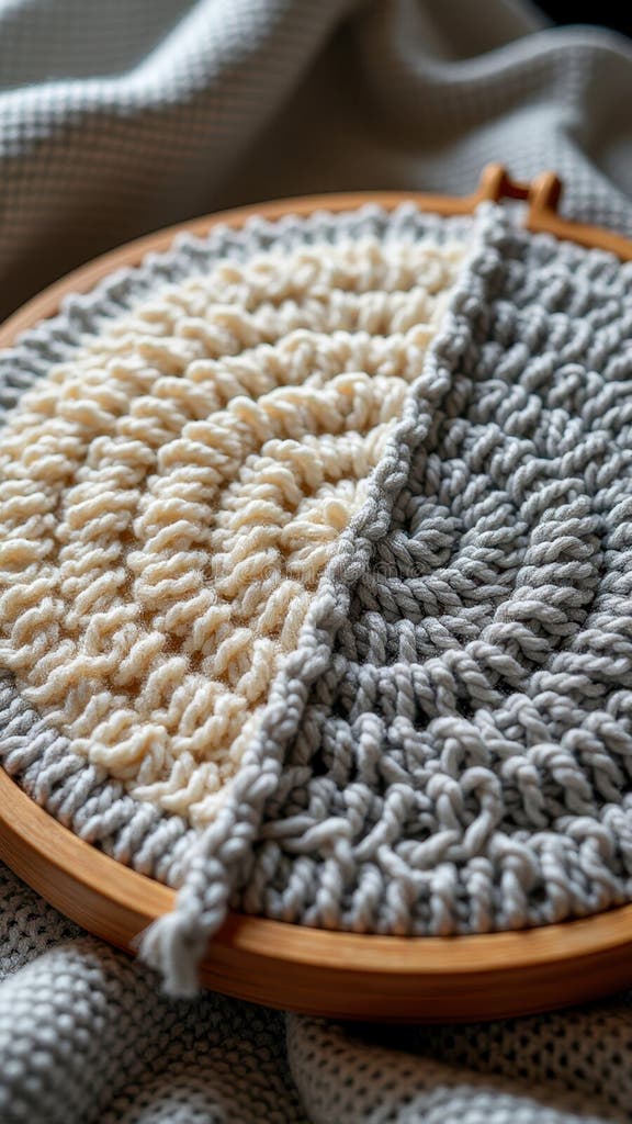 Cozy Wool Textures in Gray and Cream Yarn on Knitting Frame Stock ...