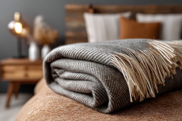Cozy Wool Throw Blanket Folded on Bed Stock Image - Image of layered ...