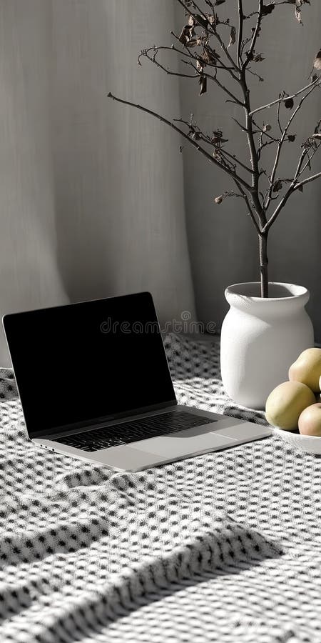 Cozy Work Setup with Laptop, Vase, and Fruit in Soft Natural Light ...