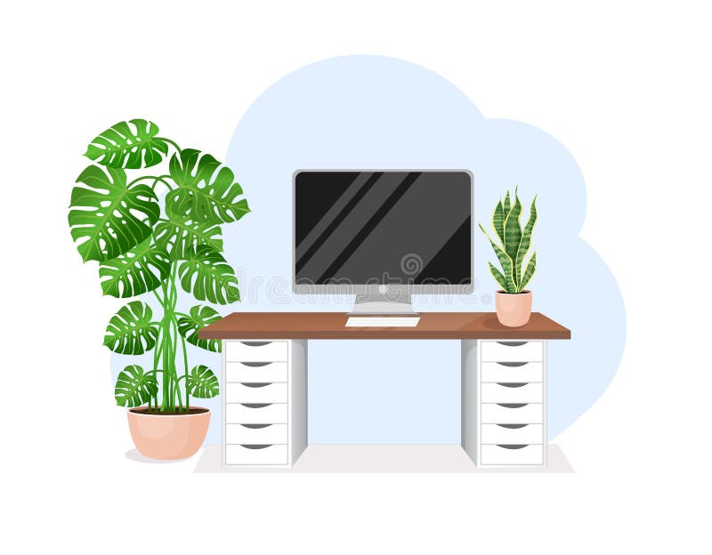Cozy Workplace with Houseplants. Modern Interior for Home Office with ...