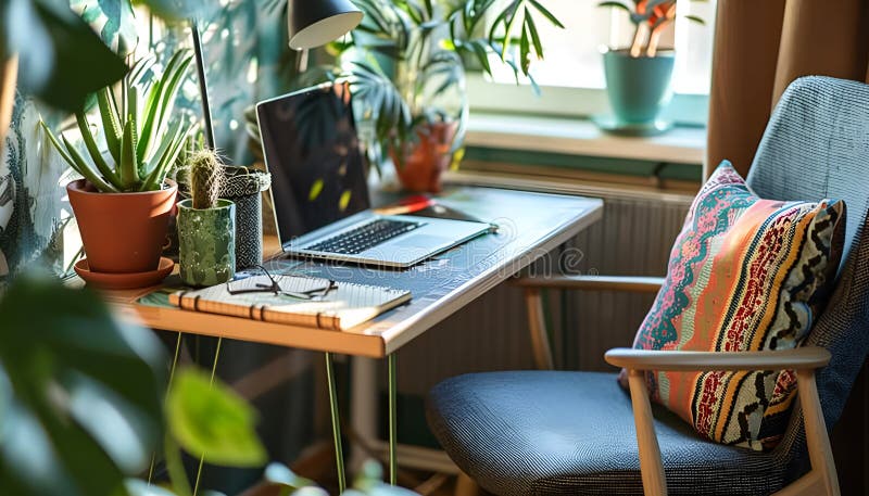 Cozy Workplace with Modern Laptop on Desk and Comfortable Chair at Home ...