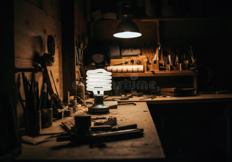 Cozy Workshop with Illuminated Modern Lamp and Assorted Woodworking ...