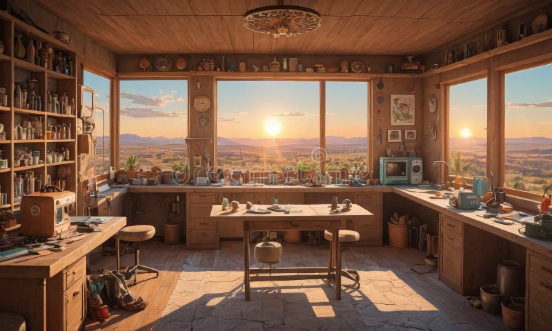 Cozy Workshop with Large Window Offers Breathtaking View Sunset Over Distant Landscape, with ...