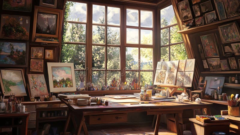 A Cozy Workshop Table Filled with Paints, Brushes, and Small Art Stock ...