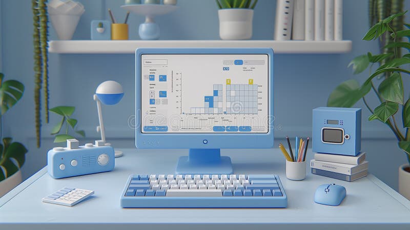Cozy Workspace with Blue-Themed Desktop Setup Stock Illustration ...