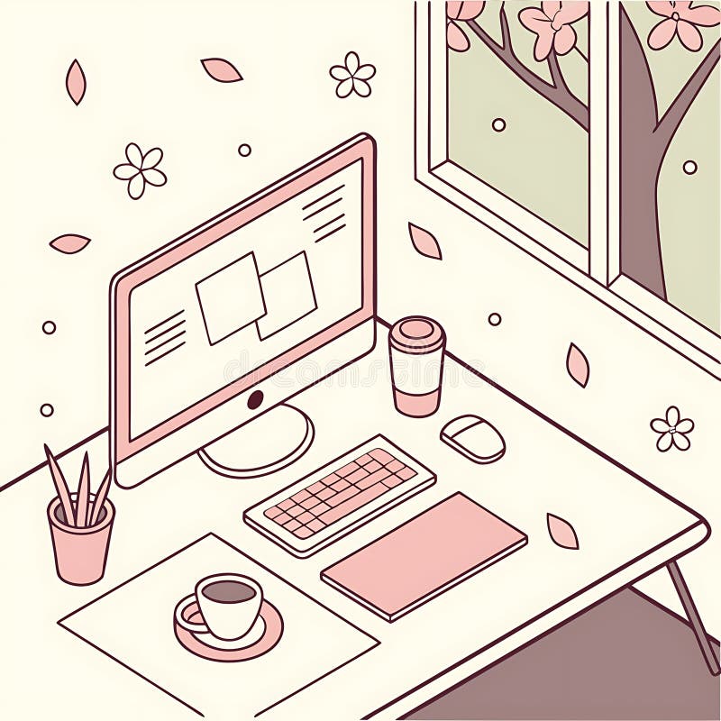 Cozy Workspace with Cherry Blossoms and Modern Computer Setup Stock ...