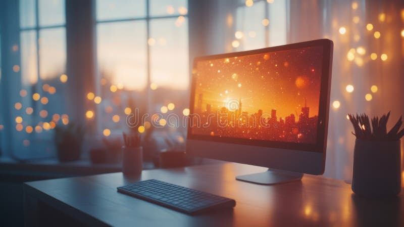 Cozy Workspace with Cityscape Sunset Desktop Background Stock ...
