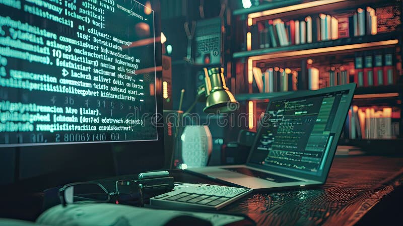 Cozy Workspace with Coding Setup and Plenty of Books at Night Stock ...