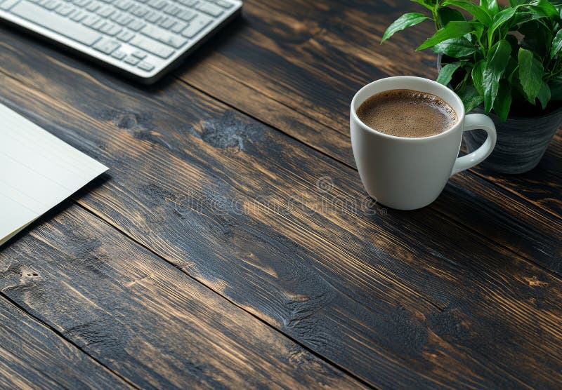 Cozy Workspace with Coffee Cup, Keyboard, and Potted Plant on Rustic ...