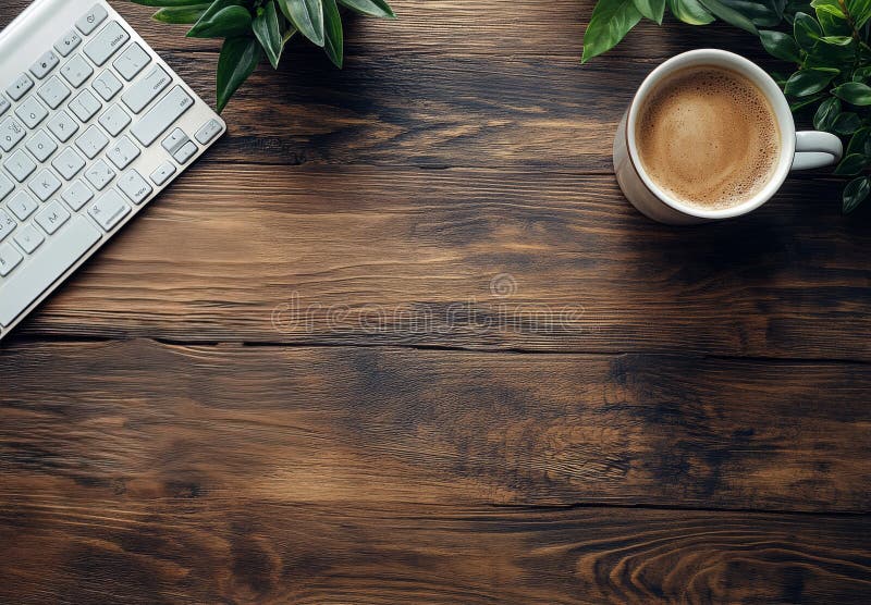 Morning Workspace Setup Featuring Coffee, Keyboard, and Notebook on ...