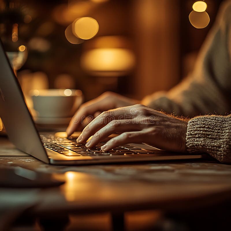 Cozy Workspace with Coffee and Laptop during Evening, Showcasing Hands ...