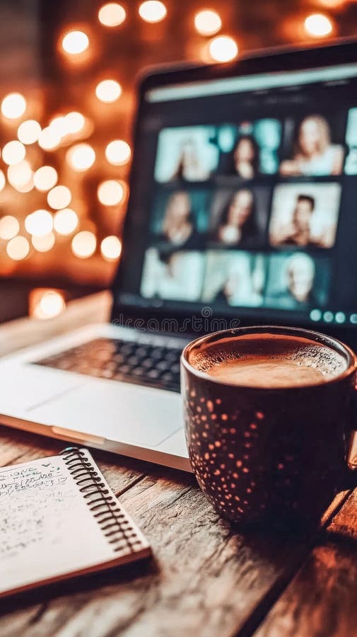 Cozy Workspace with Coffee Mug and Laptop for Virtual Meeting ...