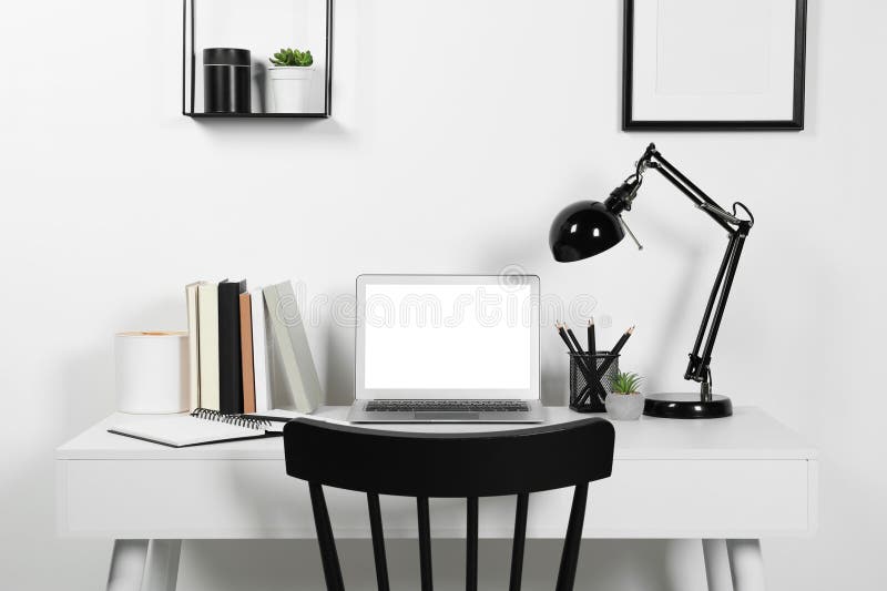 Cozy Workspace with Computer, Lamp and Stationery on Desk at Home Stock ... Cozy Workspace with Computer, Lamp and Stationery on Desk at Home Stock ...