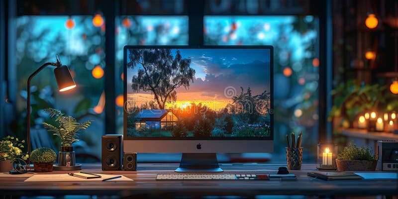 Cozy Workspace with a Computer Showing a Sunset, Surrounded by Plants ...