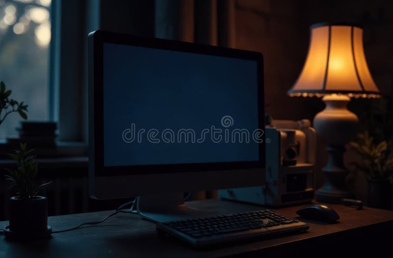 Cozy Workspace with Computer and Warm Lighting in the Evening Stock ...