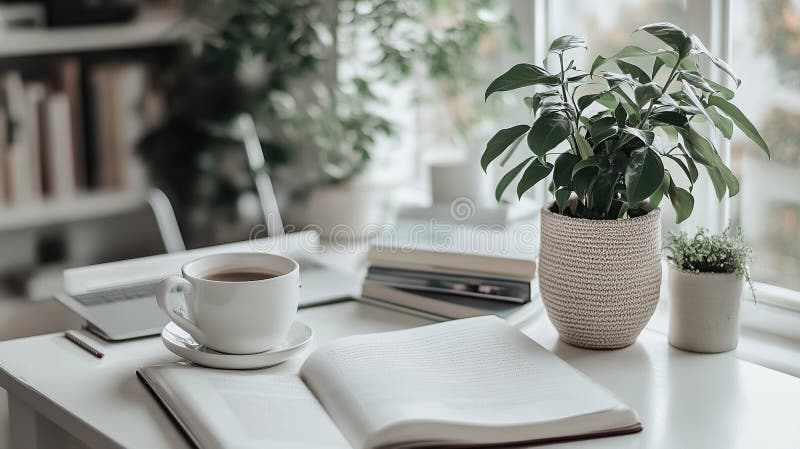 Cozy Workspace with a Cup of Tea, Open Notebook, Books, and Plants Near ...
