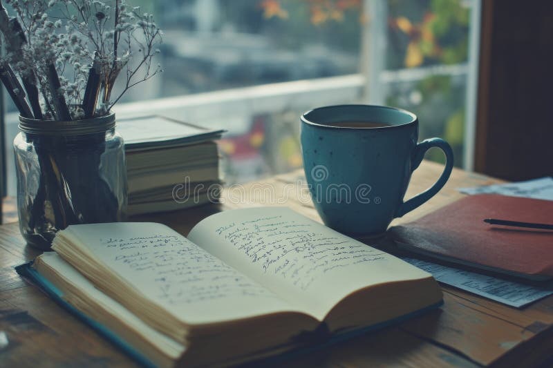 A Cozy Workspace with a Cup of Tea, Open Notebook, and Stationery Under ...