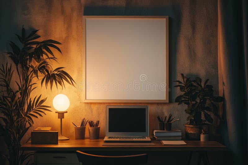 Cozy Workspace in Dim Lighting Featuring Plants and an Empty Canvas ...