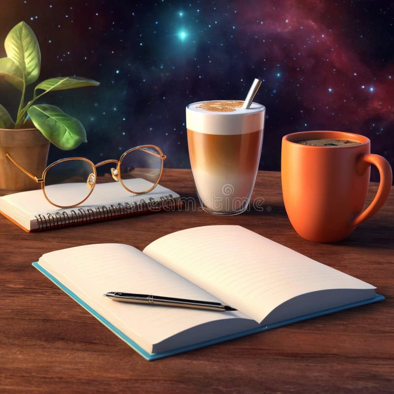 Cozy Workspace with Drinks and a Notebook Under a Starry Night Stock ...